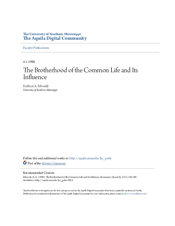 (PDF) The Brotherhood of the Common Life and Its Influence