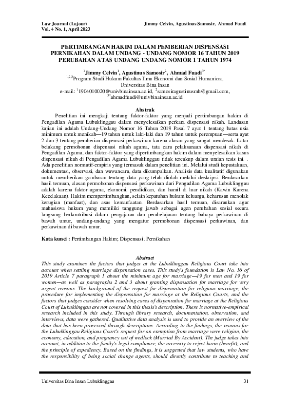 (PDF) Pertimbangan Hakim Dalam Pemberian Dispensasi Pernikahan Dalam Undang - Undang Nomor 16 ...