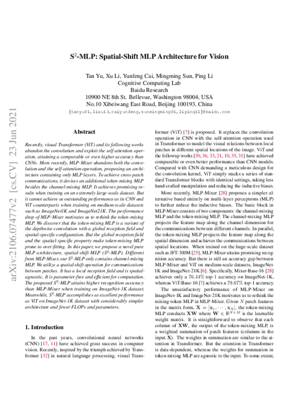(PDF) S$^2$-MLP: Spatial-Shift MLP Architecture for Vision