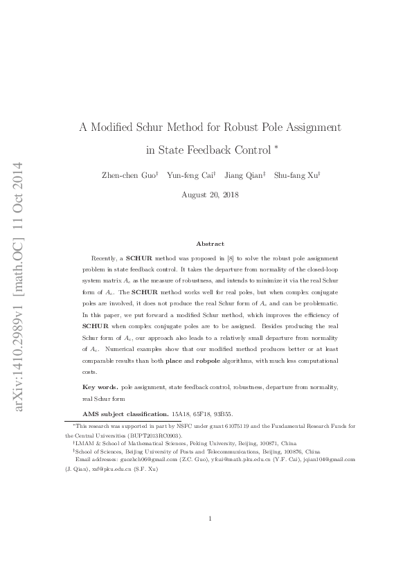 (PDF) A modified Schur method for robust pole assignment in state ...