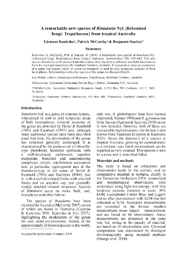 (PDF) A remarkable new species of Rimularia Nyl. (lichenized fungi ...