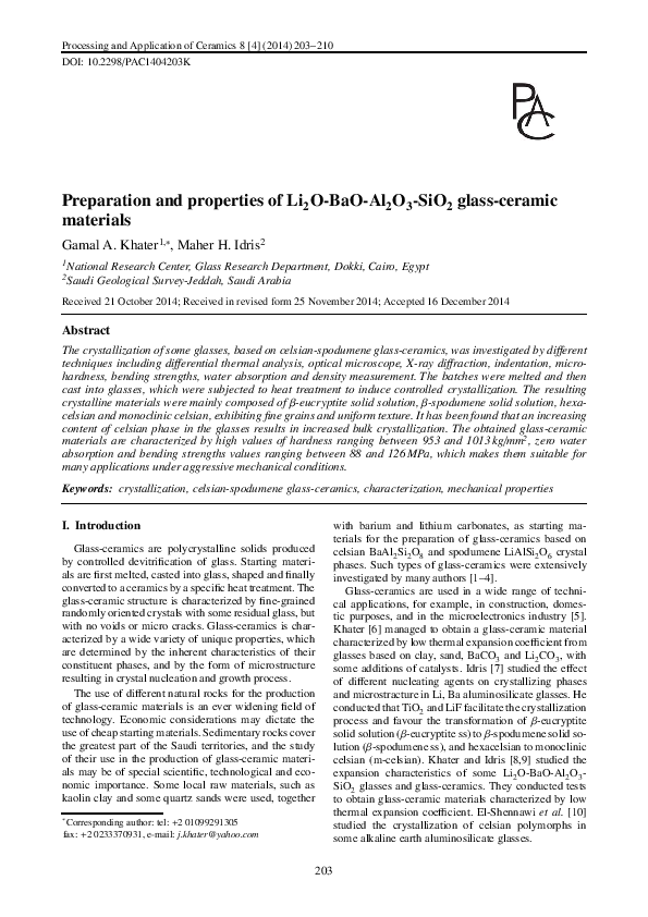(PDF) Preparation and properties of Li2O-BaO-Al2O3-SiO2 glass-ceramic materials