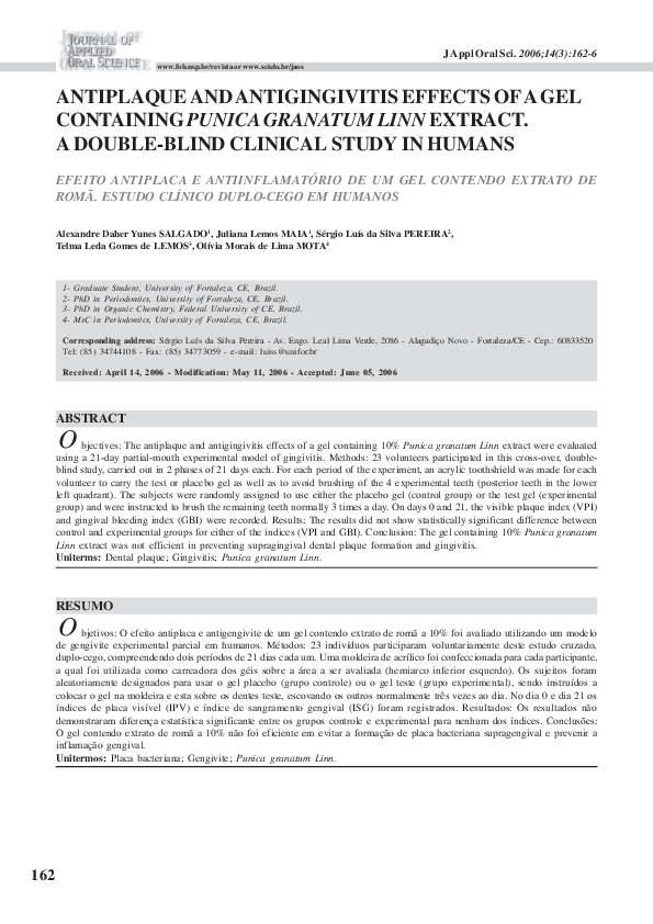 (PDF) Antiplaque and antigingivitis effects of a gel containing Punica ...