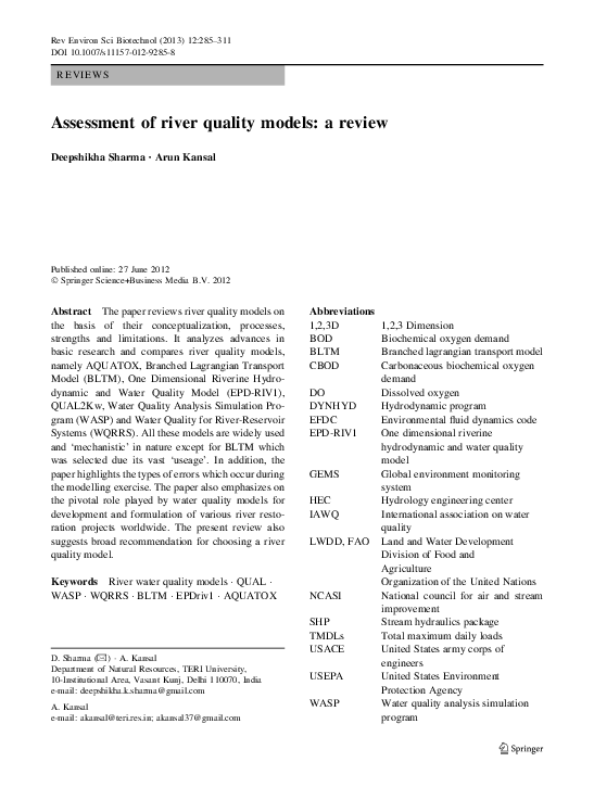 (PDF) Assessment of river quality models: a review