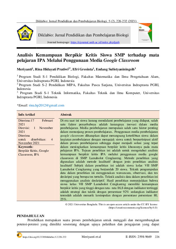 (PDF) Analisis Kemampuan Berpikir Kritis Siswa SMP terhadap mata pelajaran IPA Melalui ...
