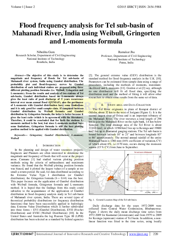 (PDF) Flood frequency analysis for Tel sub-basin of Mahanadi River ...