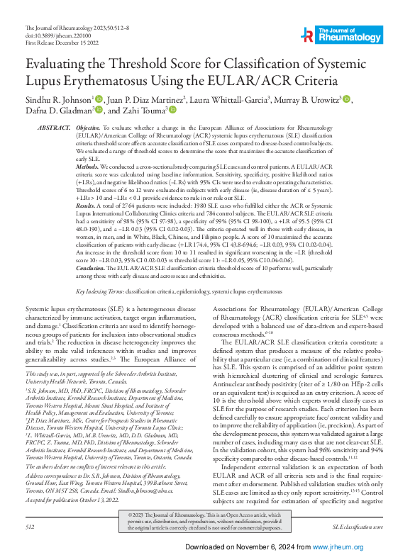 (PDF) Evaluating the Threshold Score for Classification of Systemic Lupus Erythematosus Using ...