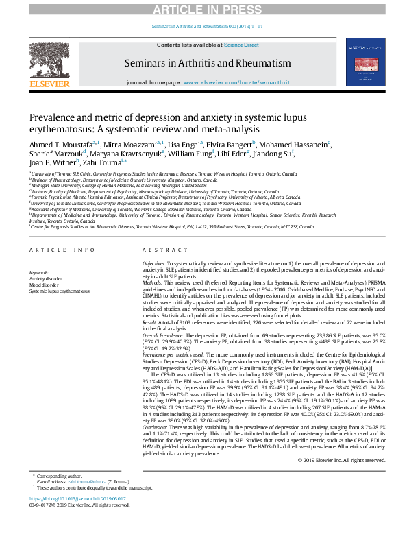(PDF) Prevalence and metric of depression and anxiety in systemic lupus erythematosus: A ...