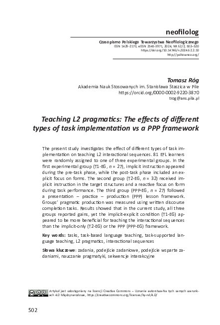 (PDF) Teaching L2 pragmatics: The effects of different types of task implementation vs a PPP ...