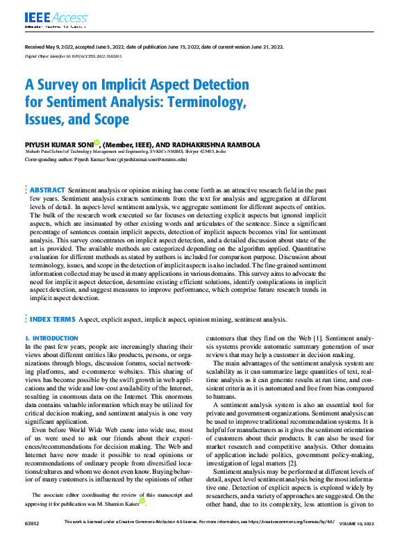 (PDF) A Survey on Implicit Aspect Detection for Sentiment Analysis: Terminology, Issues, and Scope