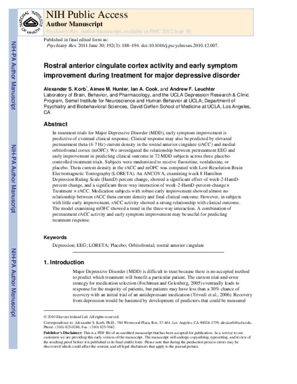 (PDF) Rostral anterior cingulate cortex activity and early symptom ...