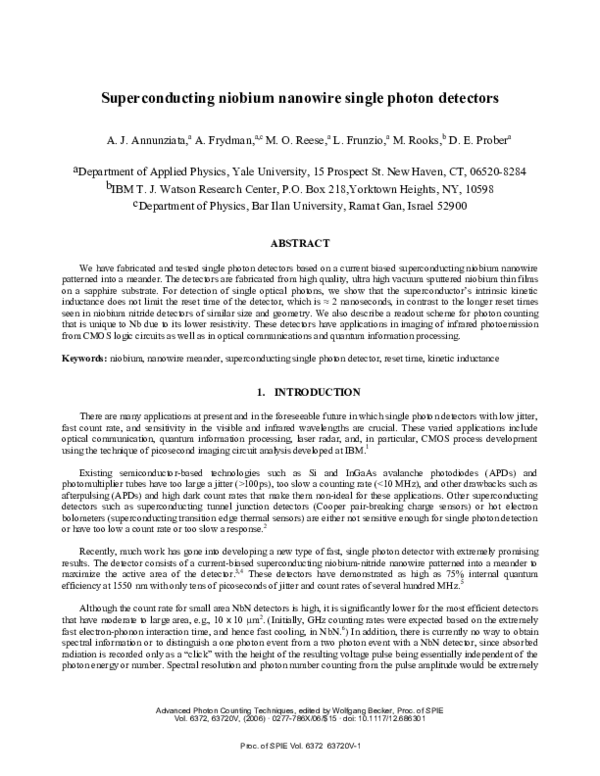 (PDF) Superconducting niobium nanowire single photon detectors