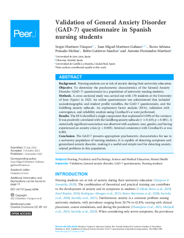 (PDF) Validation of General Anxiety Disorder (GAD-7) questionnaire in ...