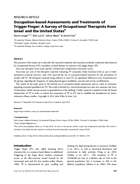 (PDF) Occupation-based Assessments and Treatments of Trigger Finger: A ...
