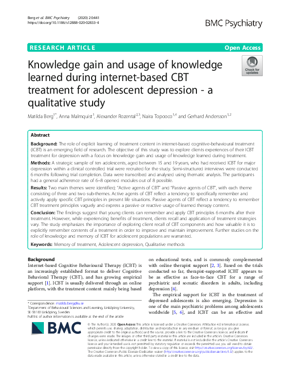 (PDF) Knowledge gain and usage of knowledge learned during internet-based CBT treatment for ...