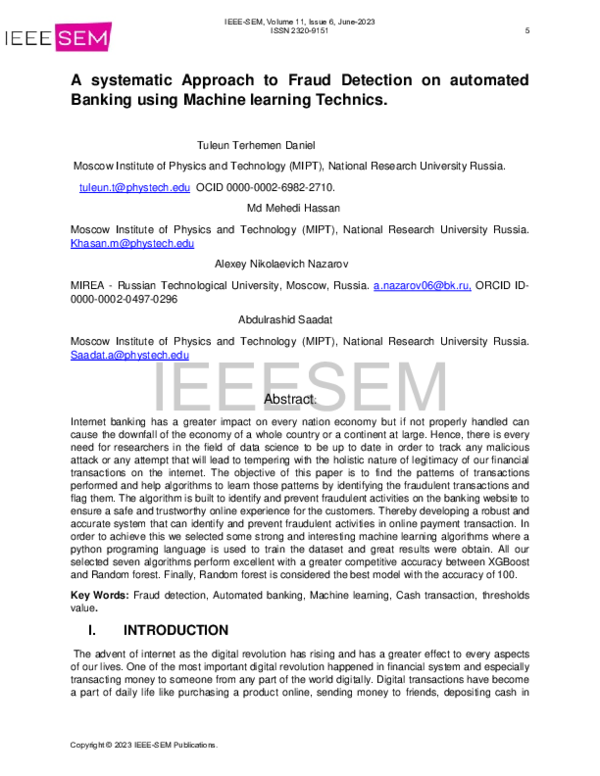 (PDF) A systematic Approach to Fraud Detection on automated Banking using Machine learning Technics