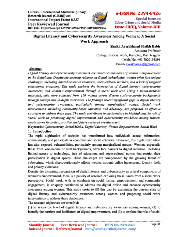 (PDF) Digital Literacy and Cyber security Awareness Among Women: A ...