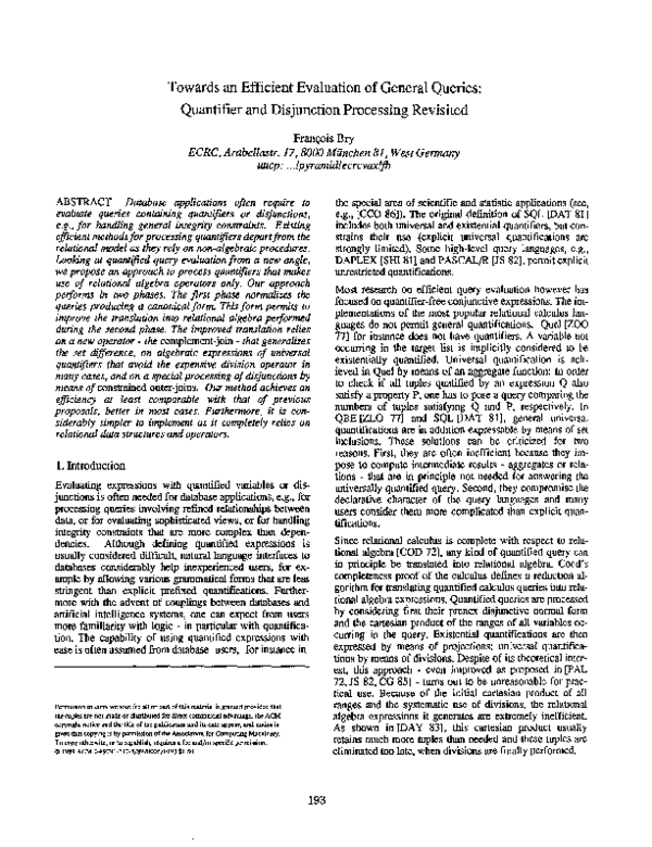 (PDF) Towards an efficient evaluation of general queries: quantifier and disjunction processing ...