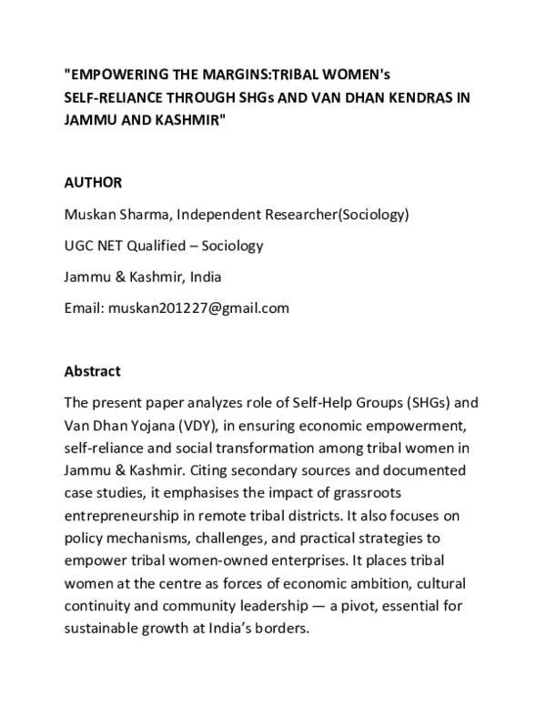 (PDF) "EMPOWERING THE MARGINS:TRIBAL WOMEN'S SELF-RELIANCE THROUGH SHGs AND VAN DHAN KENDRAS IN ...