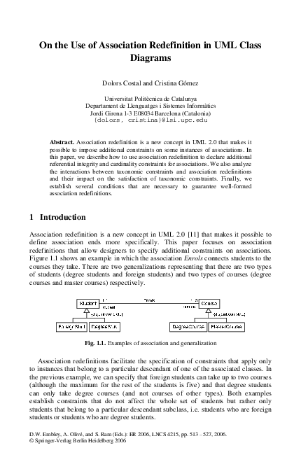 (PDF) On the Use of Association Redefinition in UML Class Diagrams