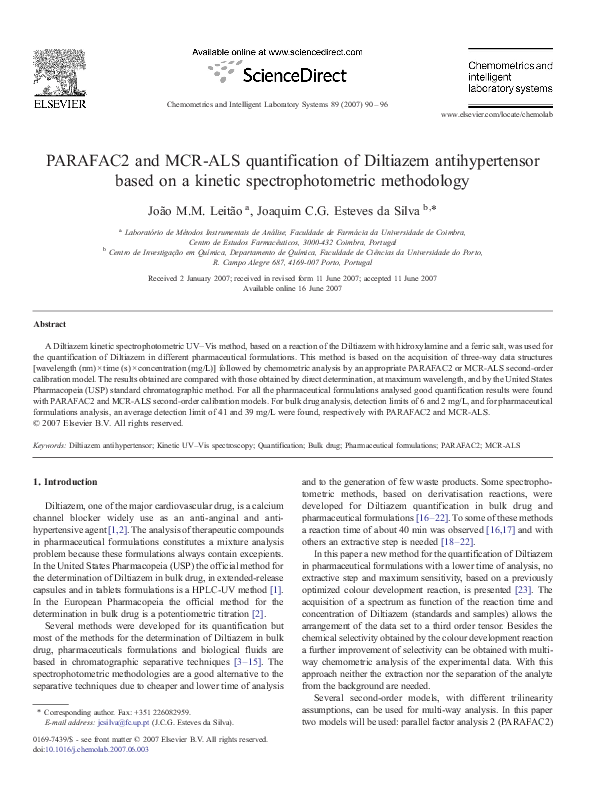 (PDF) PARAFAC2 and MCR-ALS quantification of Diltiazem antihypertensor based on a kinetic ...