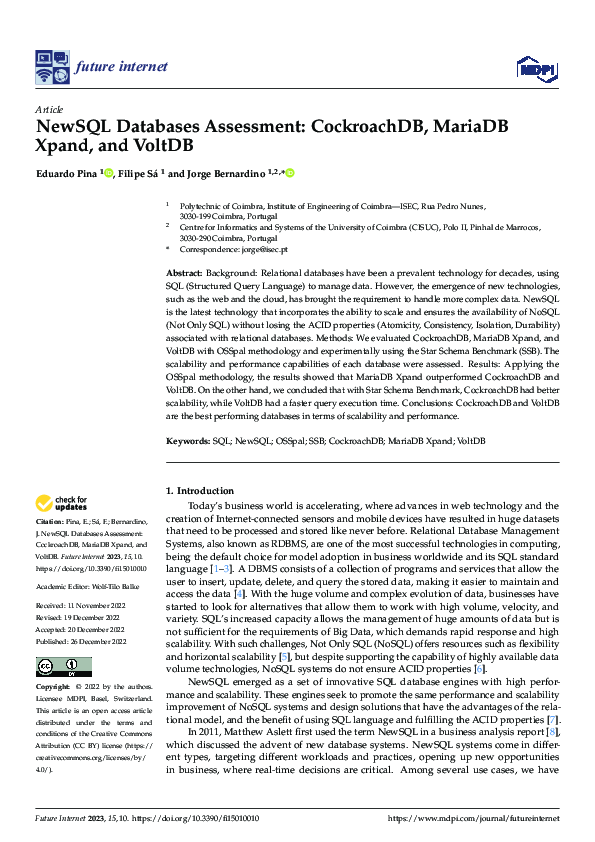 (PDF) NewSQL Databases Assessment: CockroachDB, MariaDB Xpand, and VoltDB