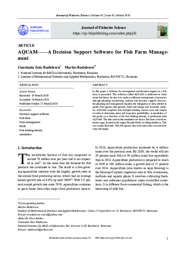 (PDF) AQUAM – A decision support software for fish farm management