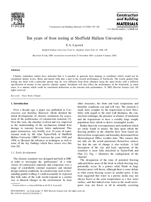 (PDF) Ten years of frost testing at Sheffield Hallam University