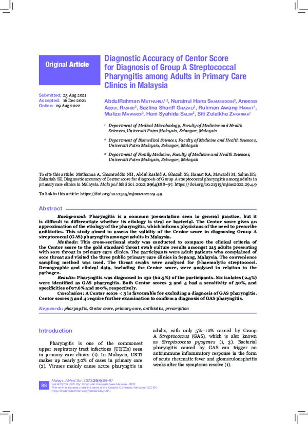 (PDF) Diagnostic Accuracy of Centor Score for Diagnosis of Group A ...