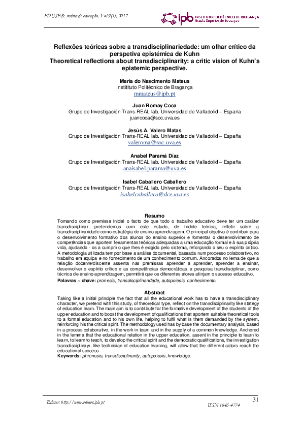(PDF) Reflexões teóricas sobre a transdisciplinariedade: um olhar ...