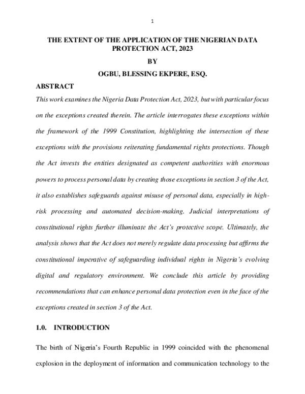 (PDF) THE EXTENT OF THE APPLICATION OF THE NIGERIAN DATA PROTECTION ACT ...