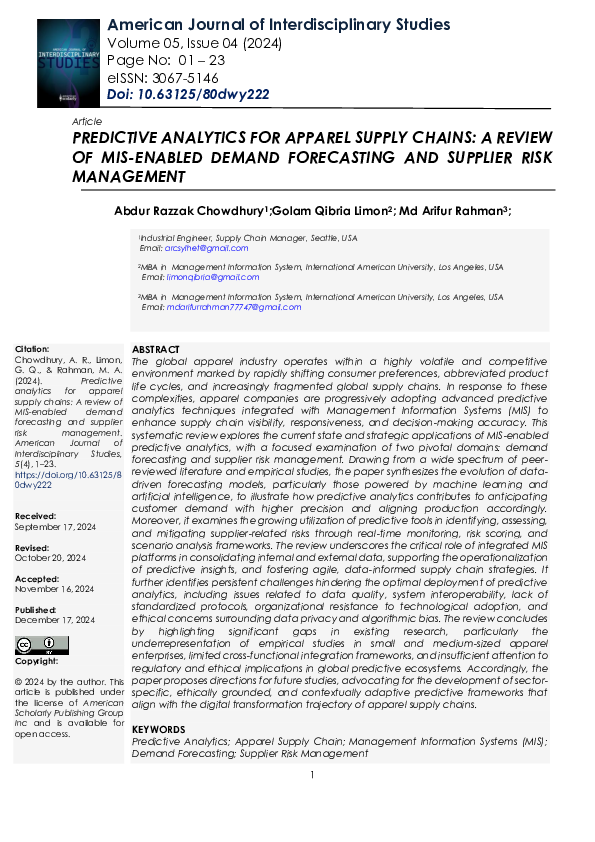 (PDF) PREDICTIVE ANALYTICS FOR APPAREL SUPPLY CHAINS: A REVIEW OF MIS-ENABLED DEMAND FORECASTING ...