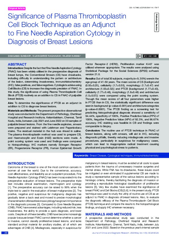 (PDF) Significance of Plasma Thromboplastin Cell Block Technique as an ...