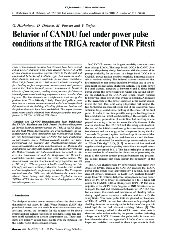 (PDF) Behavior of CANDU fuel under power pulse conditions