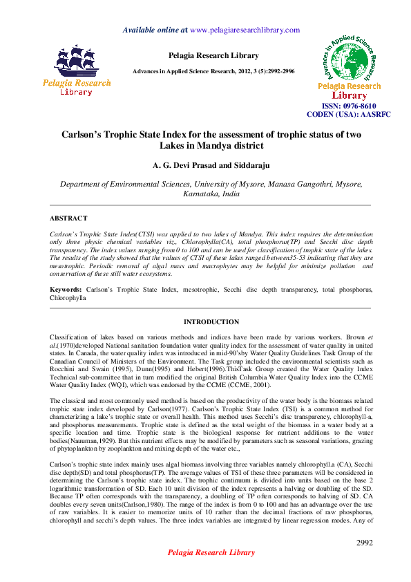 (PDF) Carlson's Trophic State Index for the assessment of trophic ...