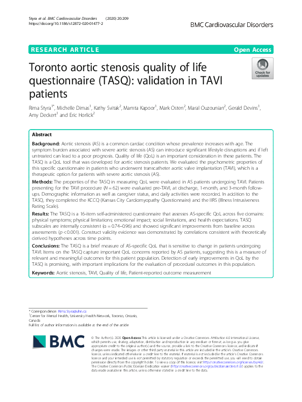 (PDF) Toronto aortic stenosis quality of life questionnaire (TASQ ...