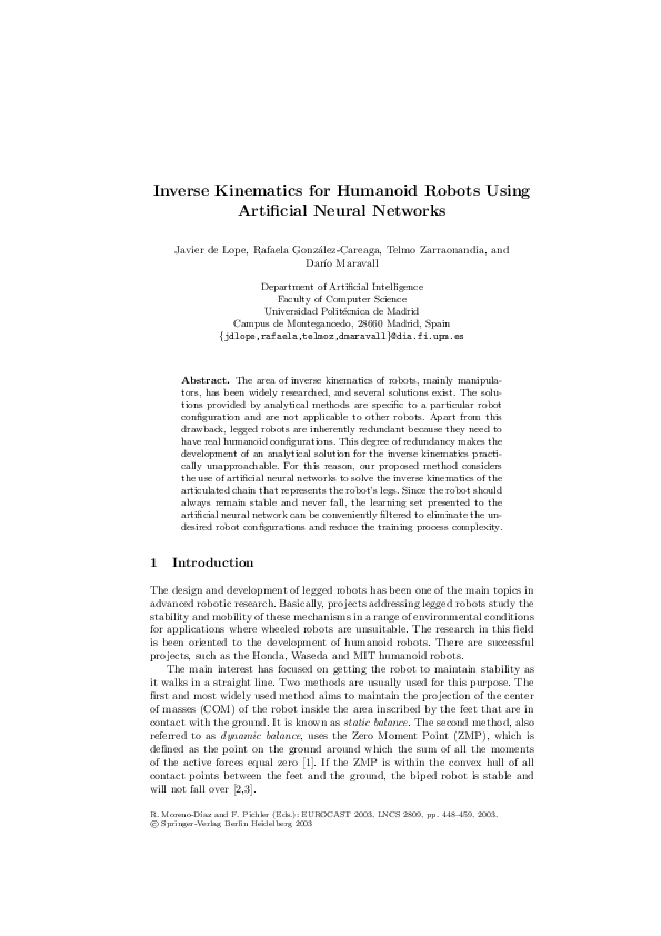 (PDF) Inverse Kinematics for Humanoid Robots Using Artificial Neural ...