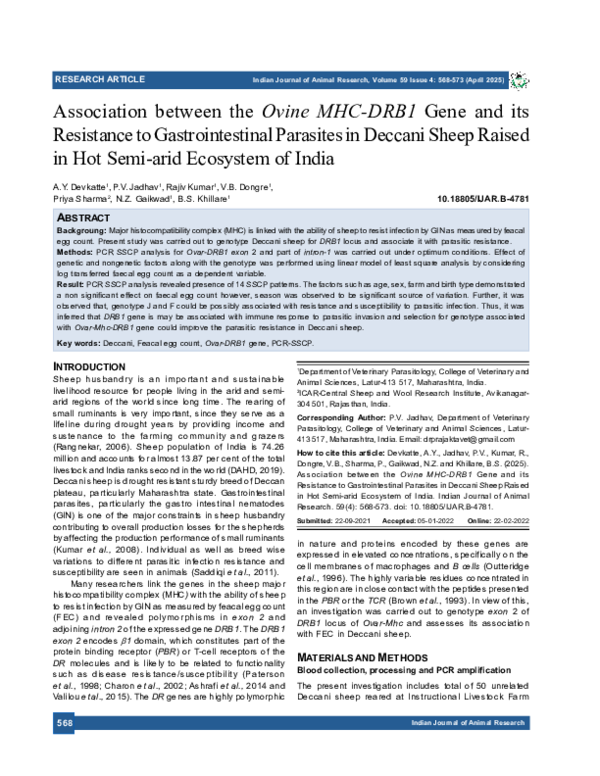 (PDF) Association between the Ovine MHC-DRB1 Gene and its Resistance to ...