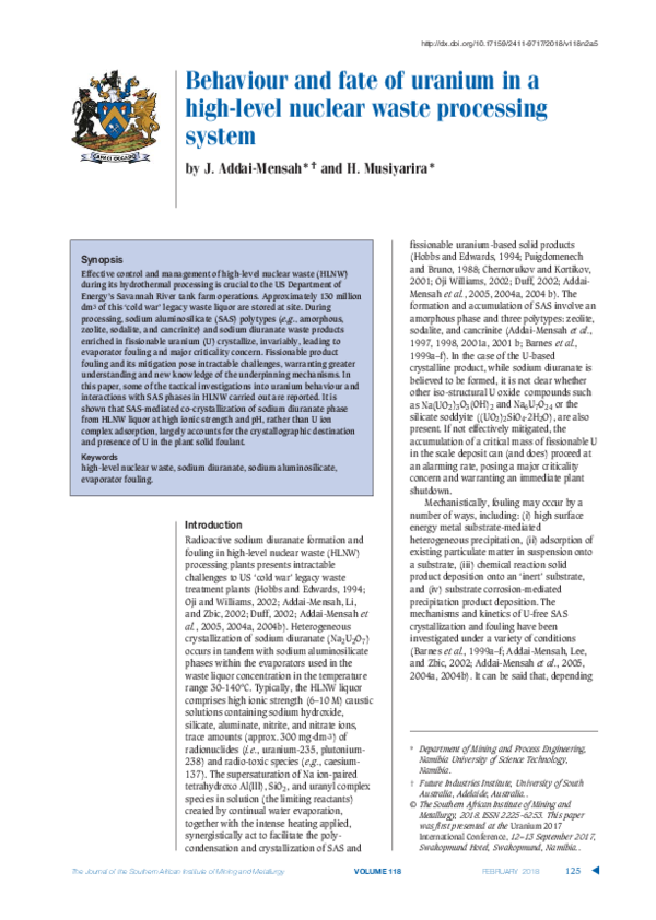 (PDF) Behaviour and fate of uranium in a high-level nuclear waste ...