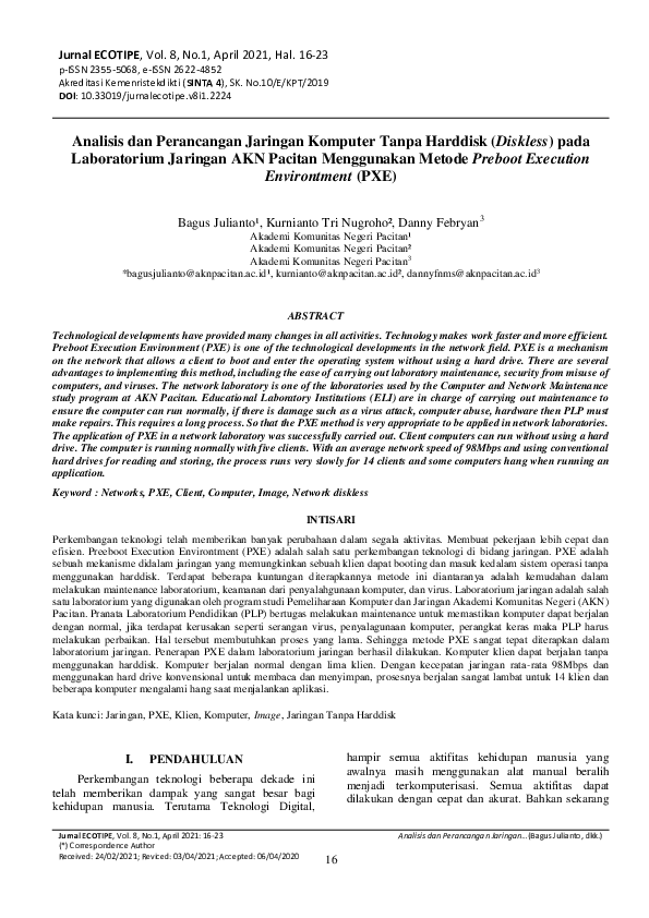 (PDF) Analisis dan Perancangan Jaringan Komputer Tanpa Harddisk (Diskless) pada Laboratorium ...