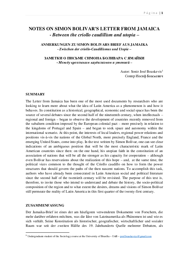 (PDF) NOTES ON SIMON BOLIVAR'S LETTER FROM JAMAICA - Between the ...