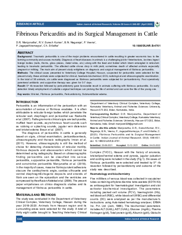 (PDF) Fibrinous Pericarditis and its Surgical Management in Cattle