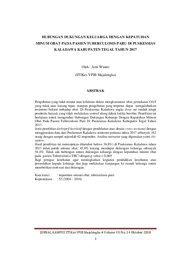 (PDF) Hubungan Dukungan Keluarga Dengan Kepatuhan Minum Obat Pada Pasien Tuberculosis Paru DI ...