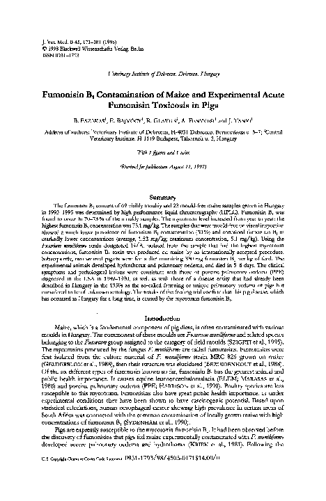 (PDF) Fumonisin B1 Contamination of Maize and Experimental Acute Fumonisin Toxicosis in Pigs