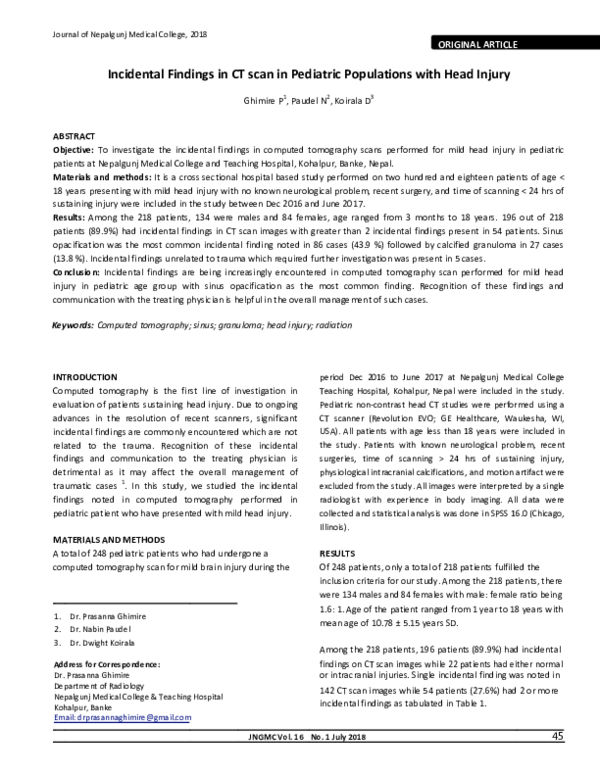 (PDF) Incidental Findings in CT scan in Pediatric Populations with Head ...