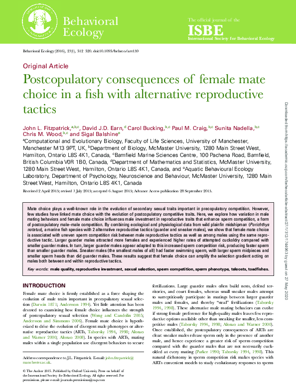 (PDF) Postcopulatory consequences of female mate choice in a fish with ...