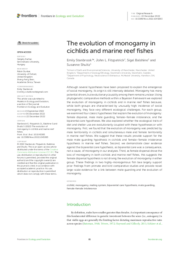 (PDF) The evolution of monogamy in cichlids and marine reef fishes