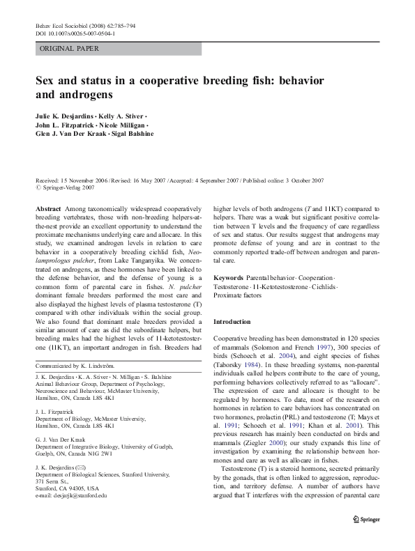 (PDF) Sex and status in a cooperative breeding fish: behavior and androgens