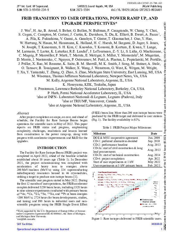 (PDF) FRIB Transition to User Operations, Power Ramp Up, and Upgrade ...