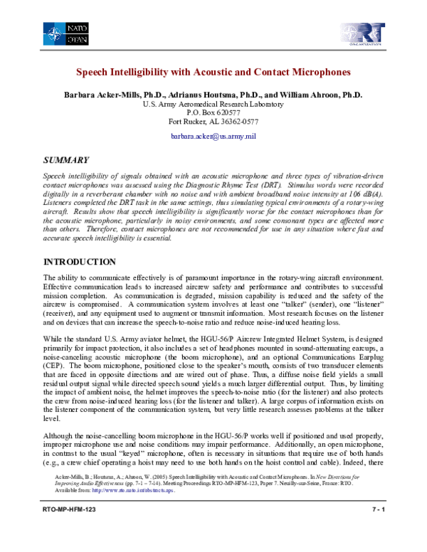 (PDF) Speech intelligibility with acoustic and contact microphones